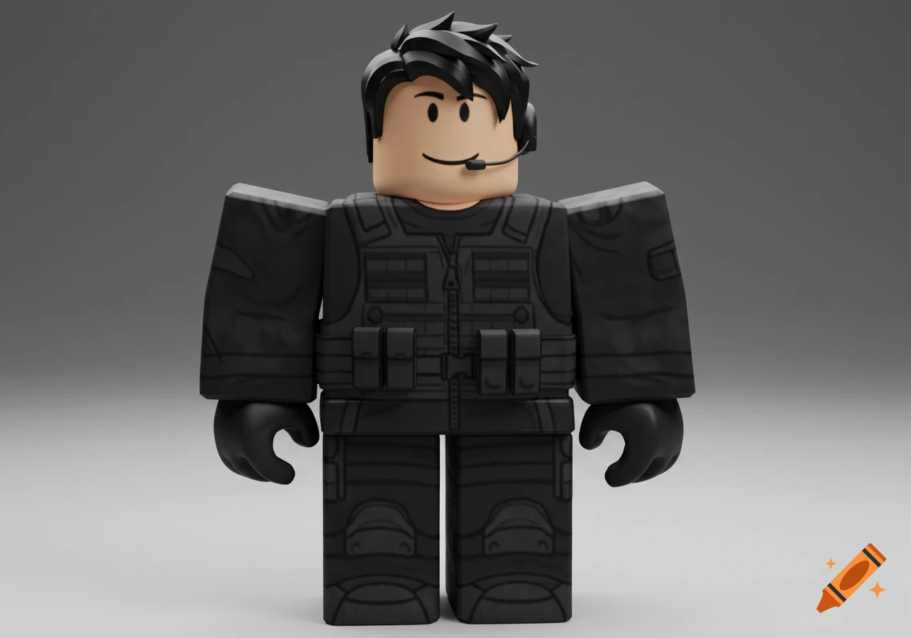 A Roblox-style character wearing a black tactical vest and headset ...