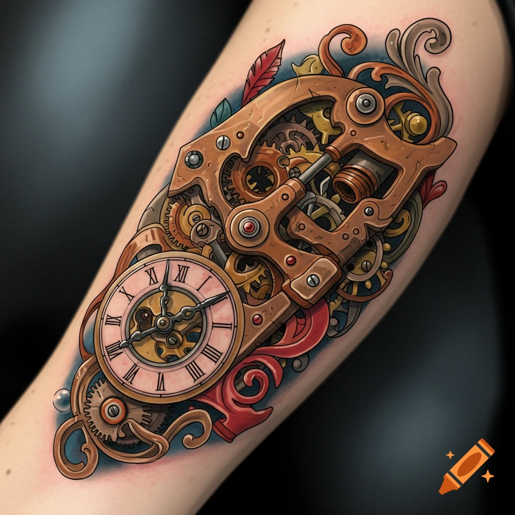 Steampunk clockwork and gear tattoo on an arm on Craiyon