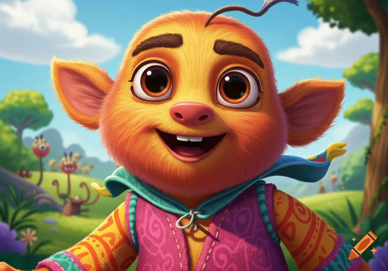 A close-up cartoon rendering of a smiling orange furry creature in a ...