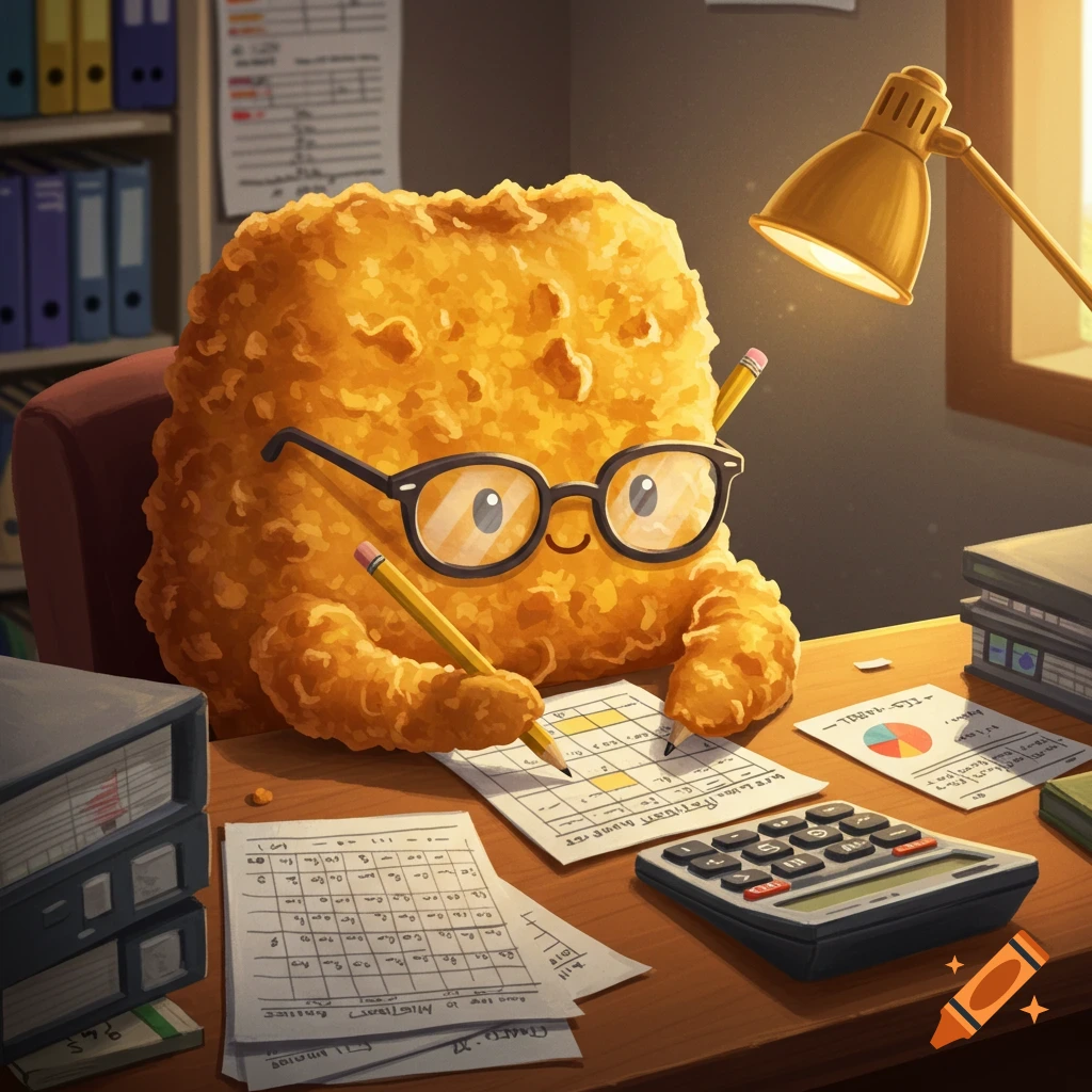 Cartoon chicken nugget wearing glasses and doing accounting work at a desk. on Craiyon