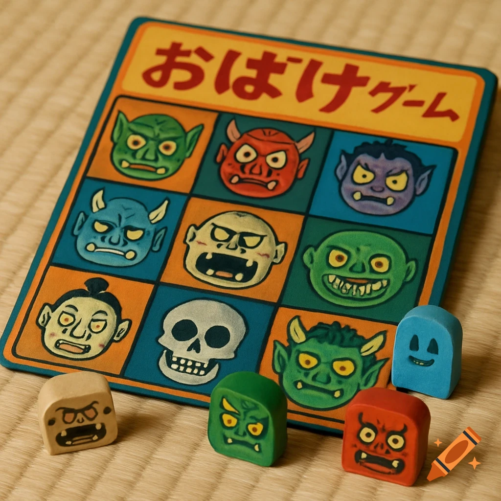 Close-up photo of a Japanese board game with cartoon monster faces and ...