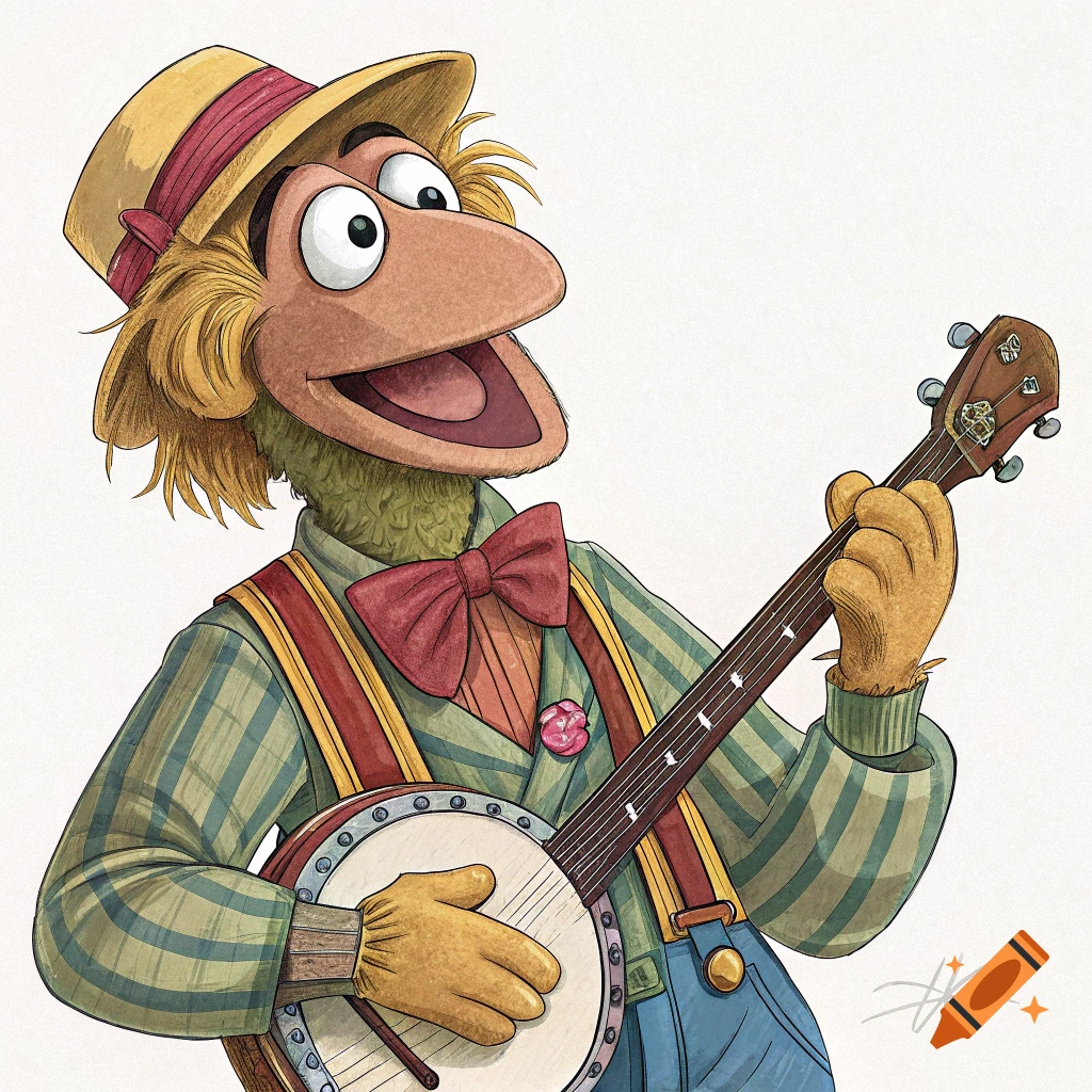A Muppet-like character dressed in a hat, bowtie, and suspenders plays ...