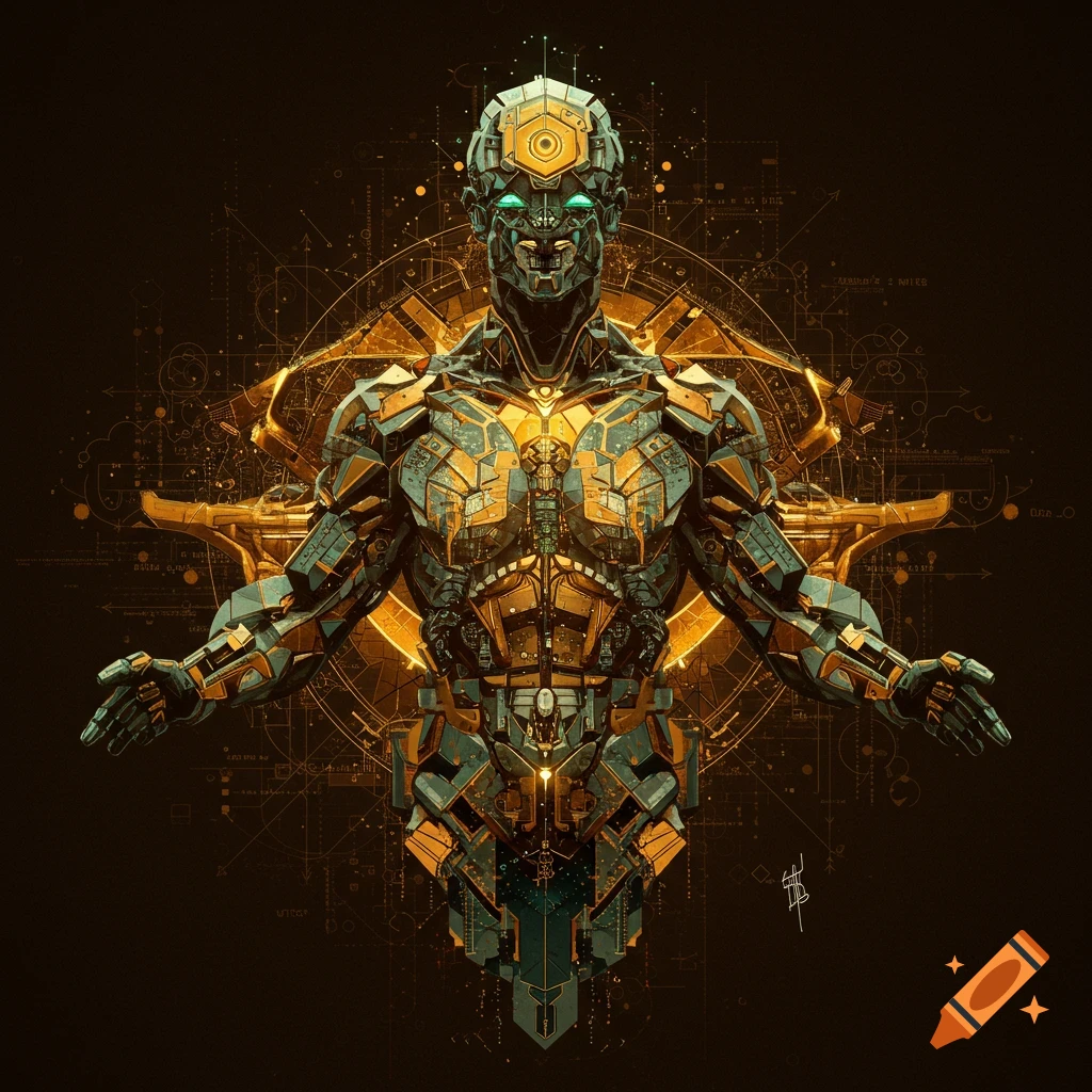 Detailed golden and teal robot with outstretched arms against a ...