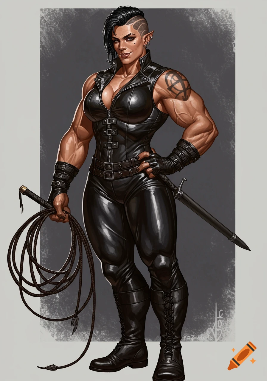 Muscular female fantasy character in black leather holds a whip and ...