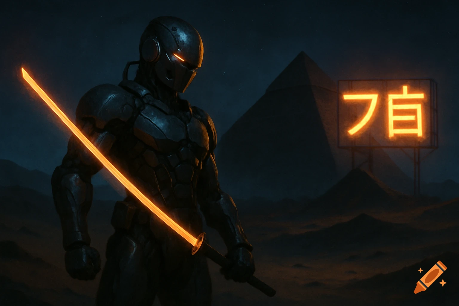 Cyborg ninja with glowing sword stands in a night desert landscape with ...