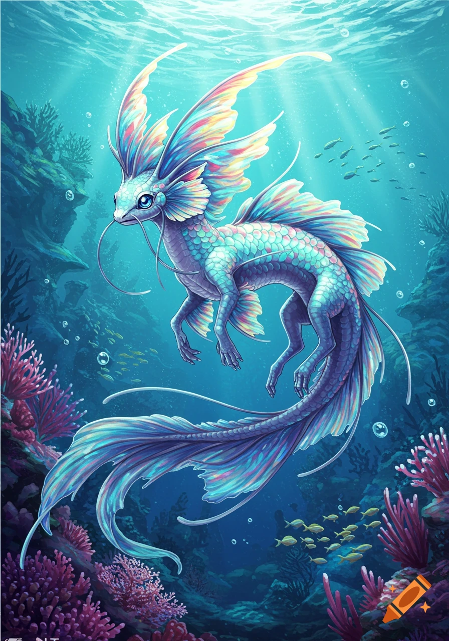 A colorful fantasy creature with iridescent wings and scales swims over a coral reef underwater ...