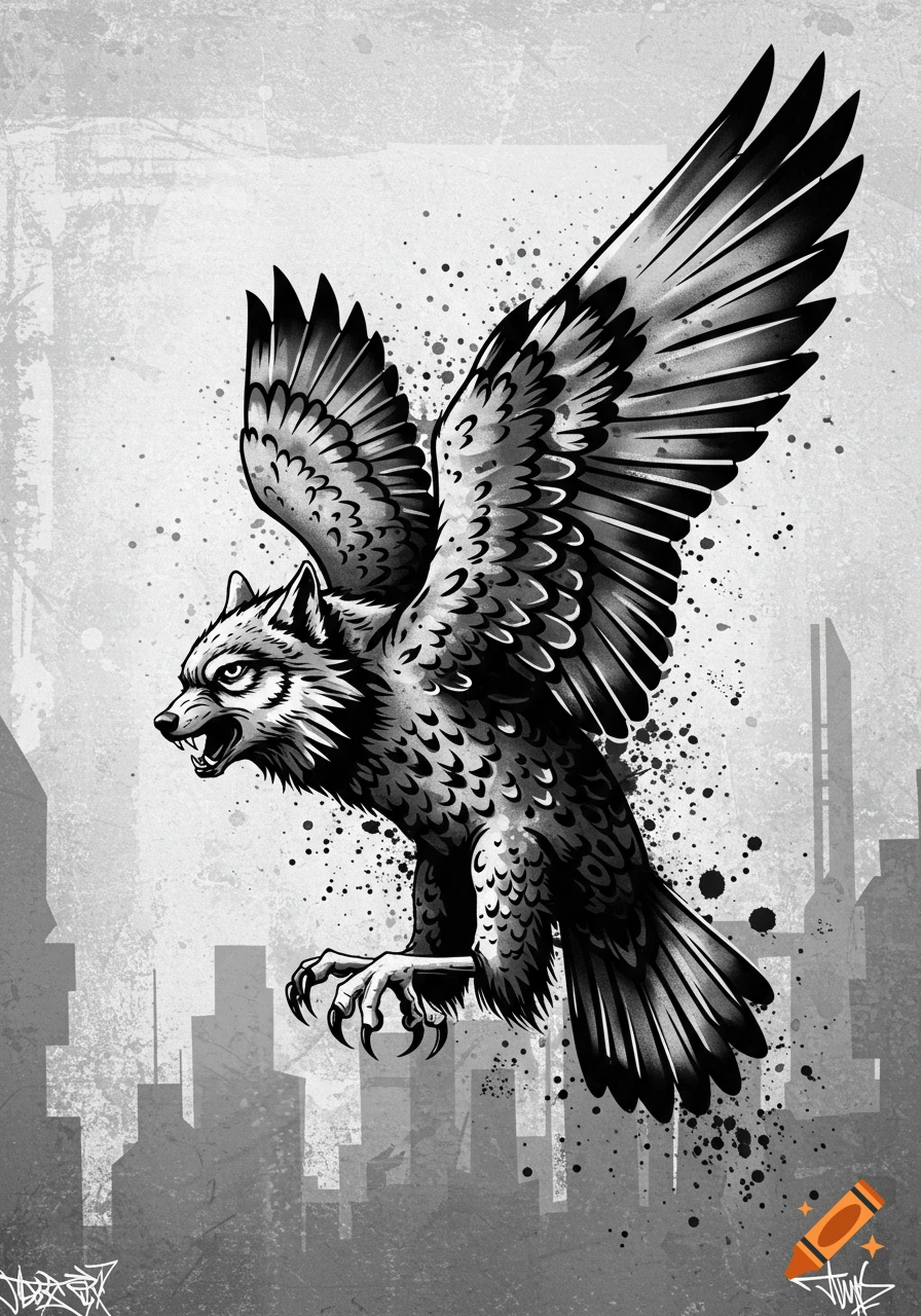 Black and white spray paint stencil art of a wolf-falcon hybrid flying ...