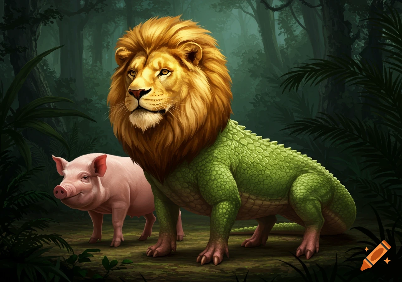 A fantasy creature with a lion's head and a lizard's body stands next ...