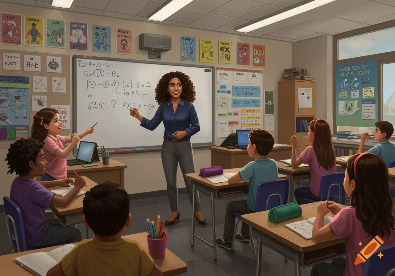 Illustration of a Latina math teacher teaching a diverse group of ...