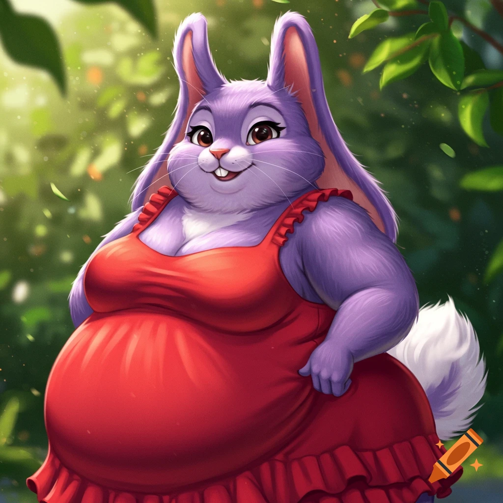 A chubby purple anthropomorphic bunny in a red dress stands in a forest ...