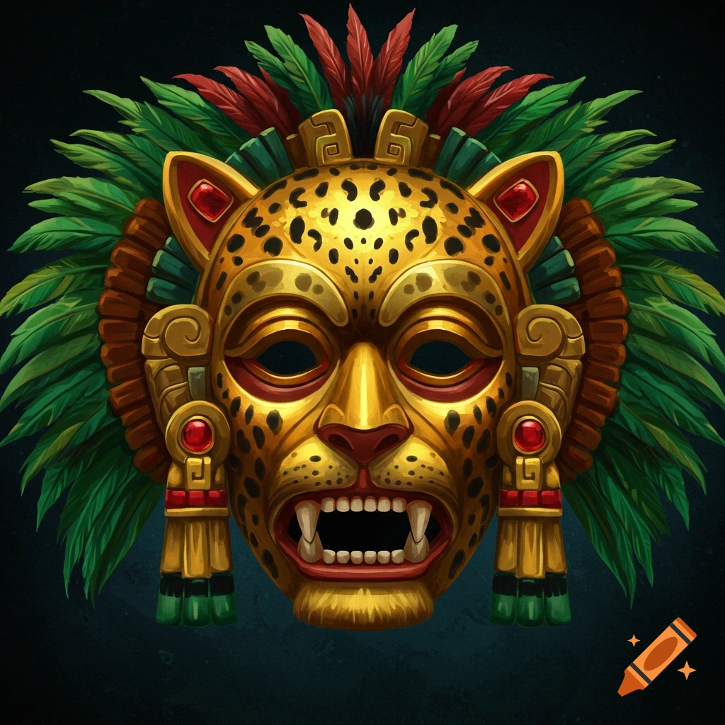 Golden Aztec jaguar mask adorned with feathers and jewels. on Craiyon