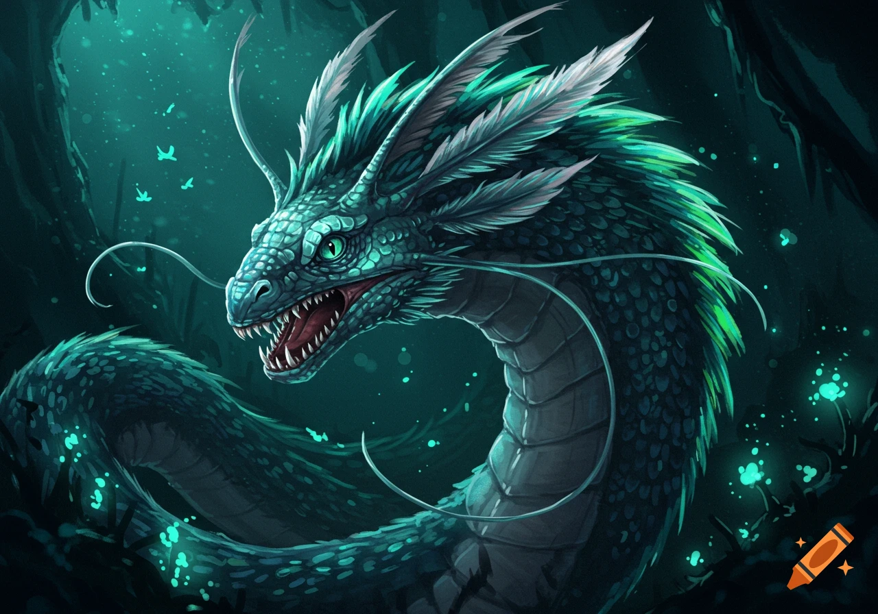 A glowing turquoise dragon with white feathers and sharp teeth in a ...