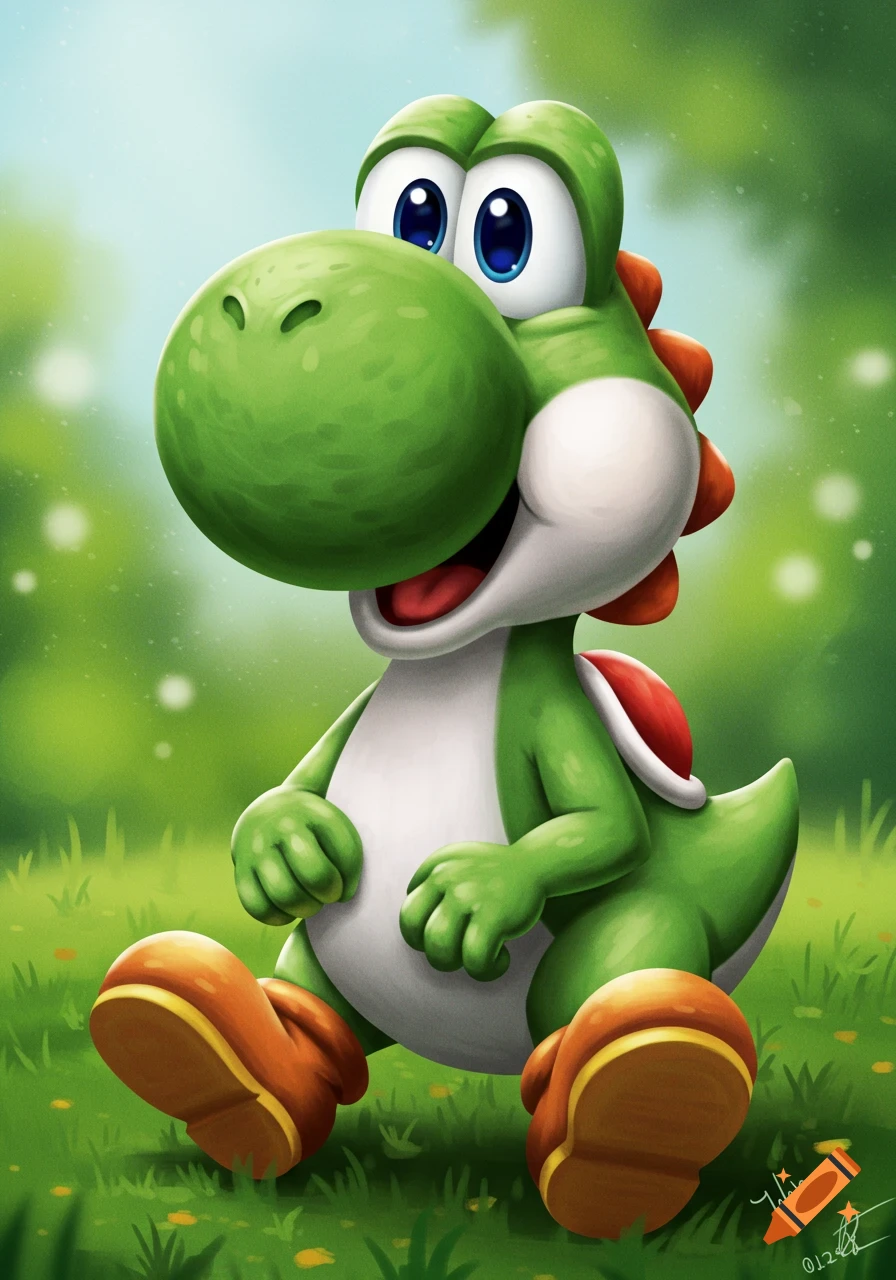 A realistic but whimsical drawing of Yoshi sitting in green grass. on ...
