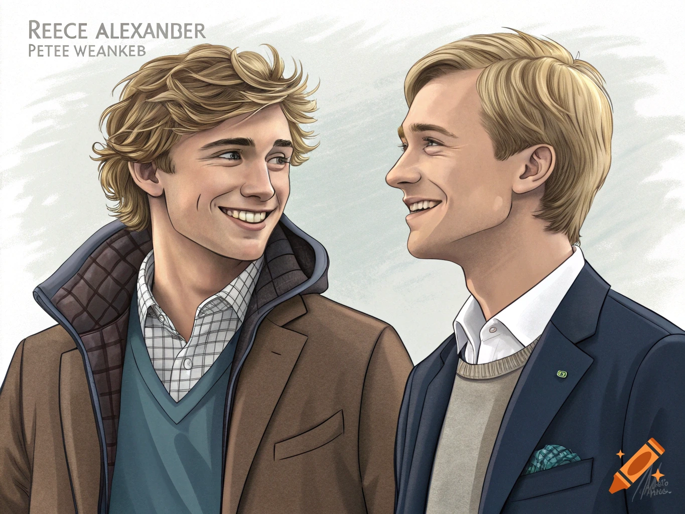 A drawing of two young men smiling at each other, in a portrait style ...