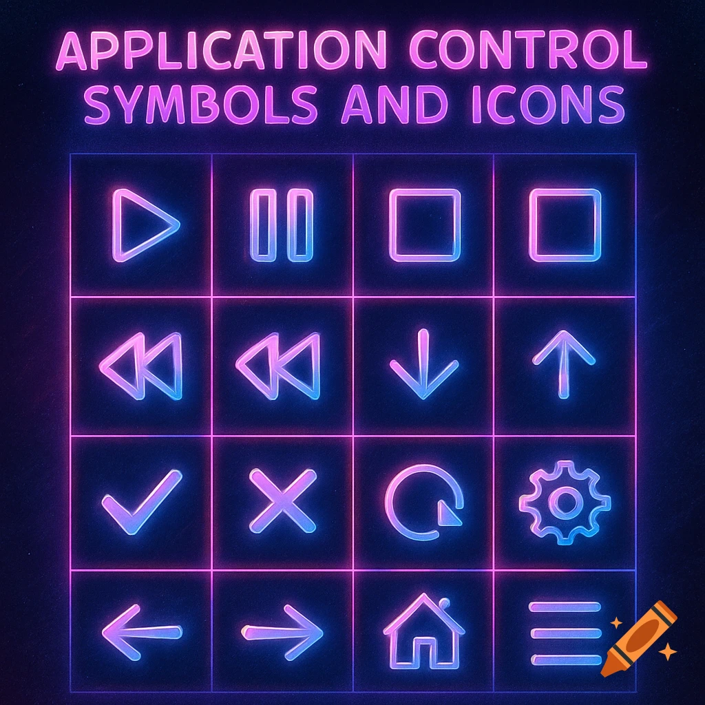 Grid of glowing neon application control symbols and icons in cyberpunk ...