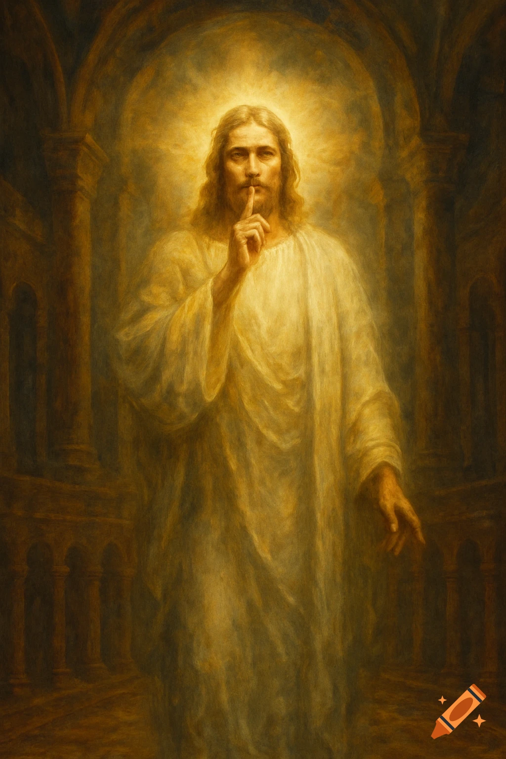 Painterly depiction of Jesus holding a finger to his lips in a temple ...