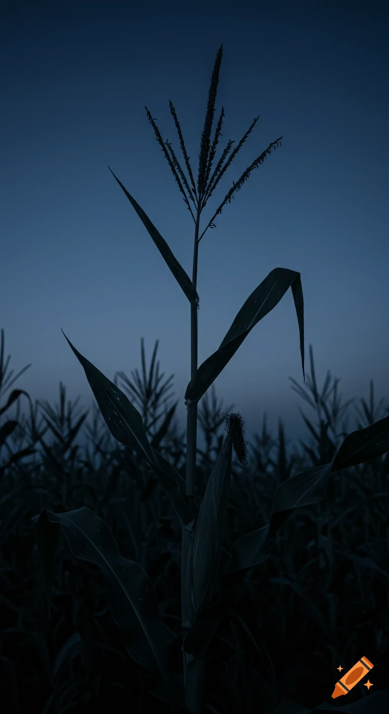 Dark blue photogram of a tall cornstalk silhouette against the sky. on ...