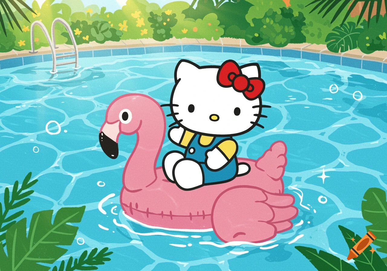 Hello Kitty rides a pink flamingo float in a swimming pool in a cartoon ...