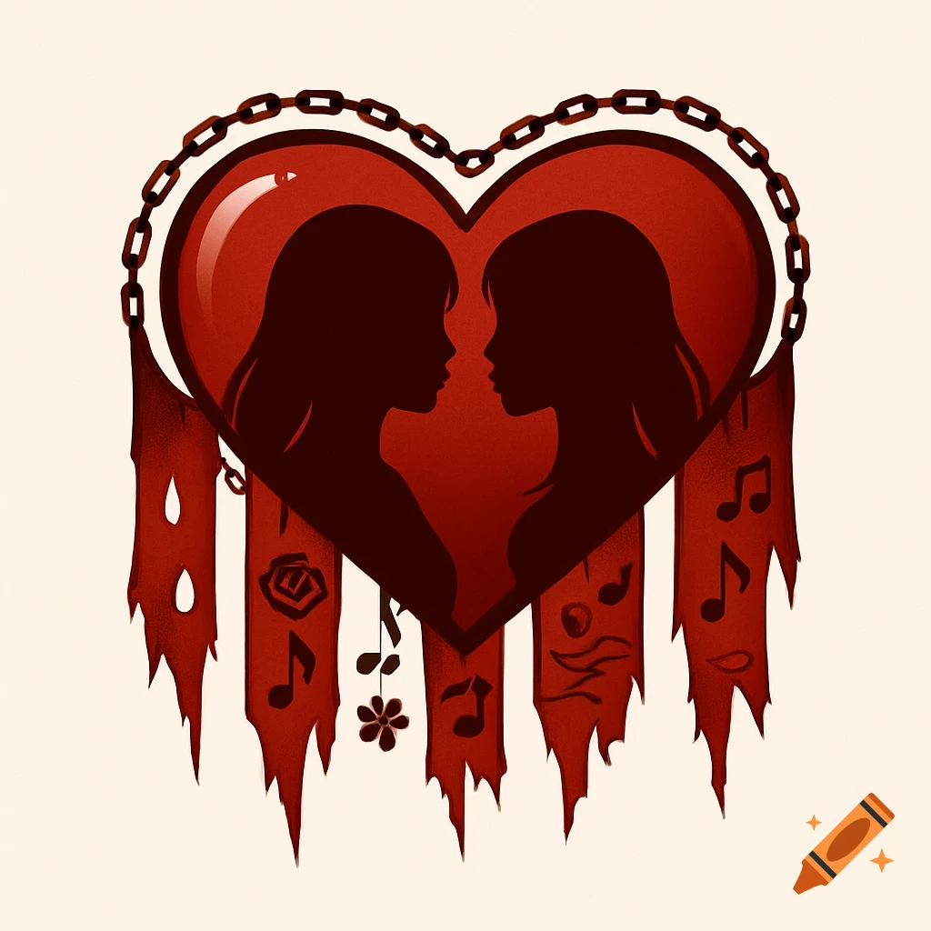 Stylized red heart with silhouettes of two figures, chains, and ...