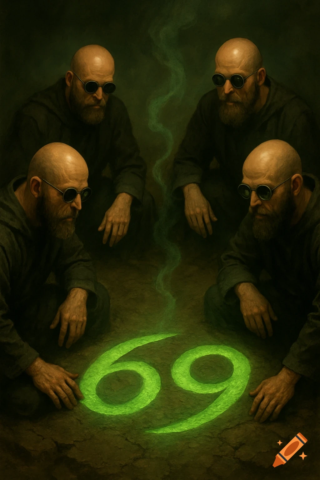 Four bald men with sunglasses kneel around a glowing green number 69 on ...
