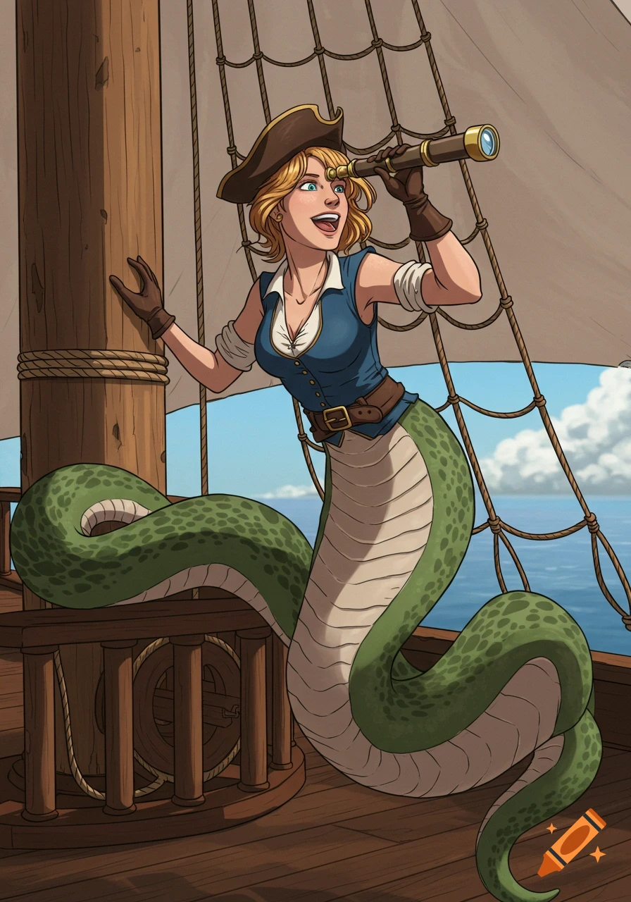 Illustration of a pirate lamia on a ship looking through a spyglass. on ...