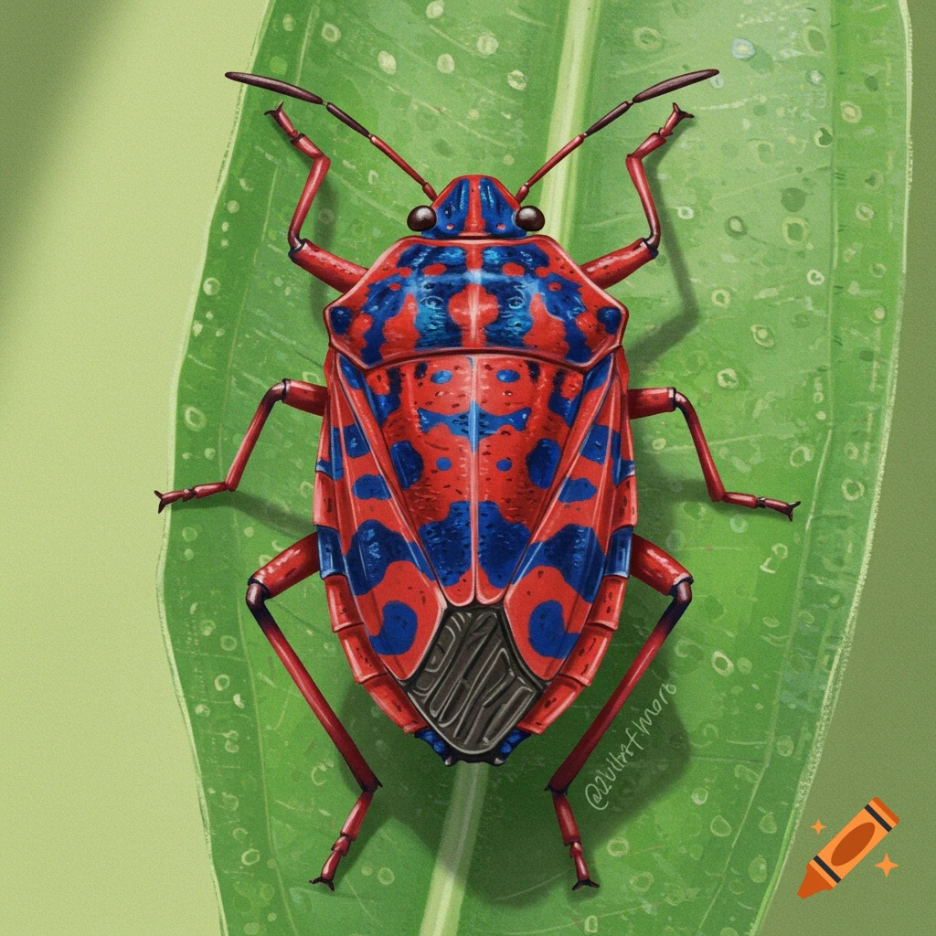 Illustration of a red and blue patterned insect on a green leaf. on Craiyon