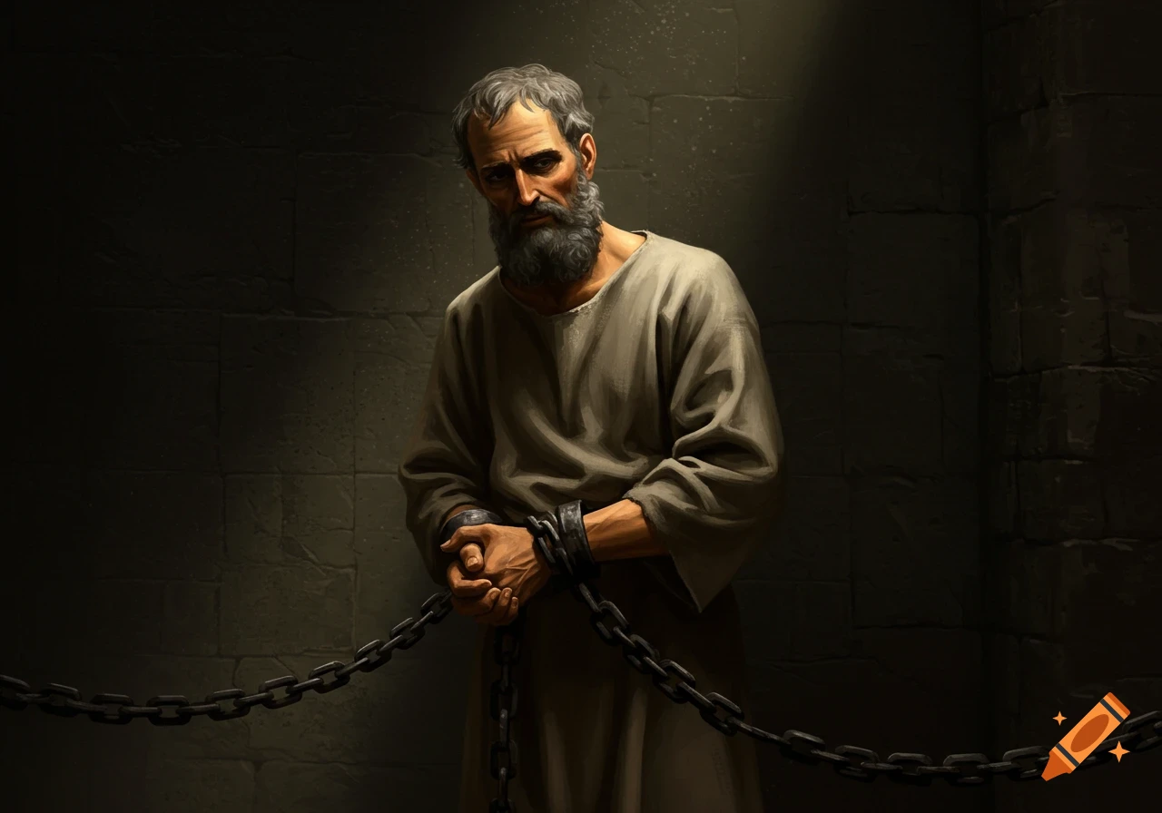 Digital painting of an older man in chains in a dark prison cell. on ...
