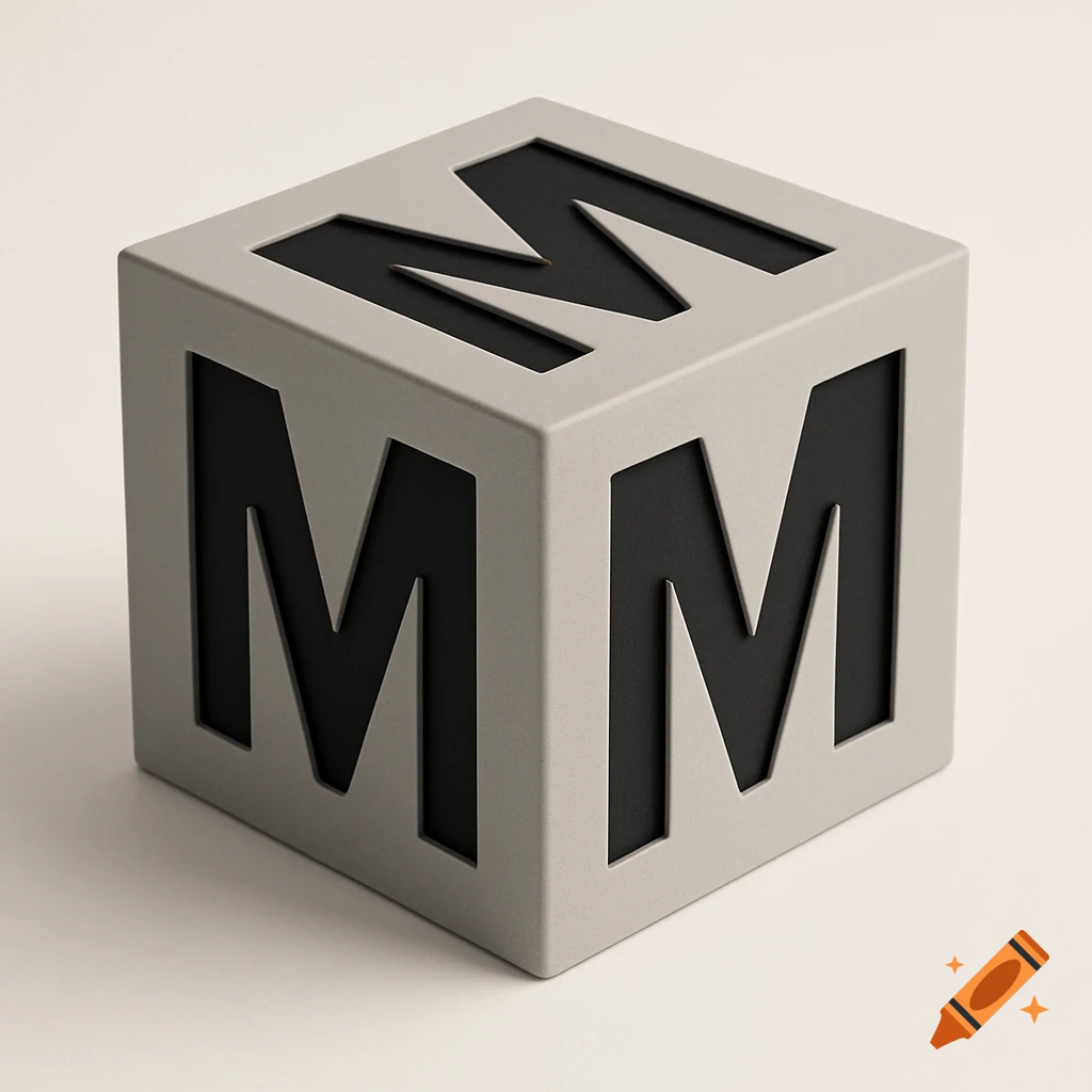 A gray cube with the letter M carved into each visible side. on Craiyon