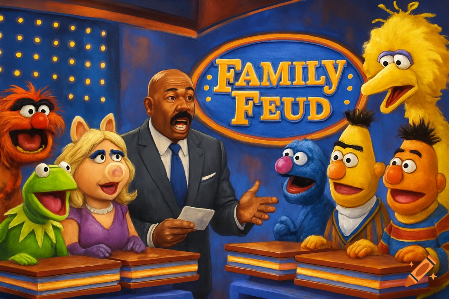 A painting of Steve Harvey hosting Family Feud with characters from The ...