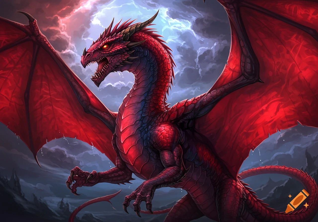A large red dragon with widespread wings against a stormy sky. on Craiyon