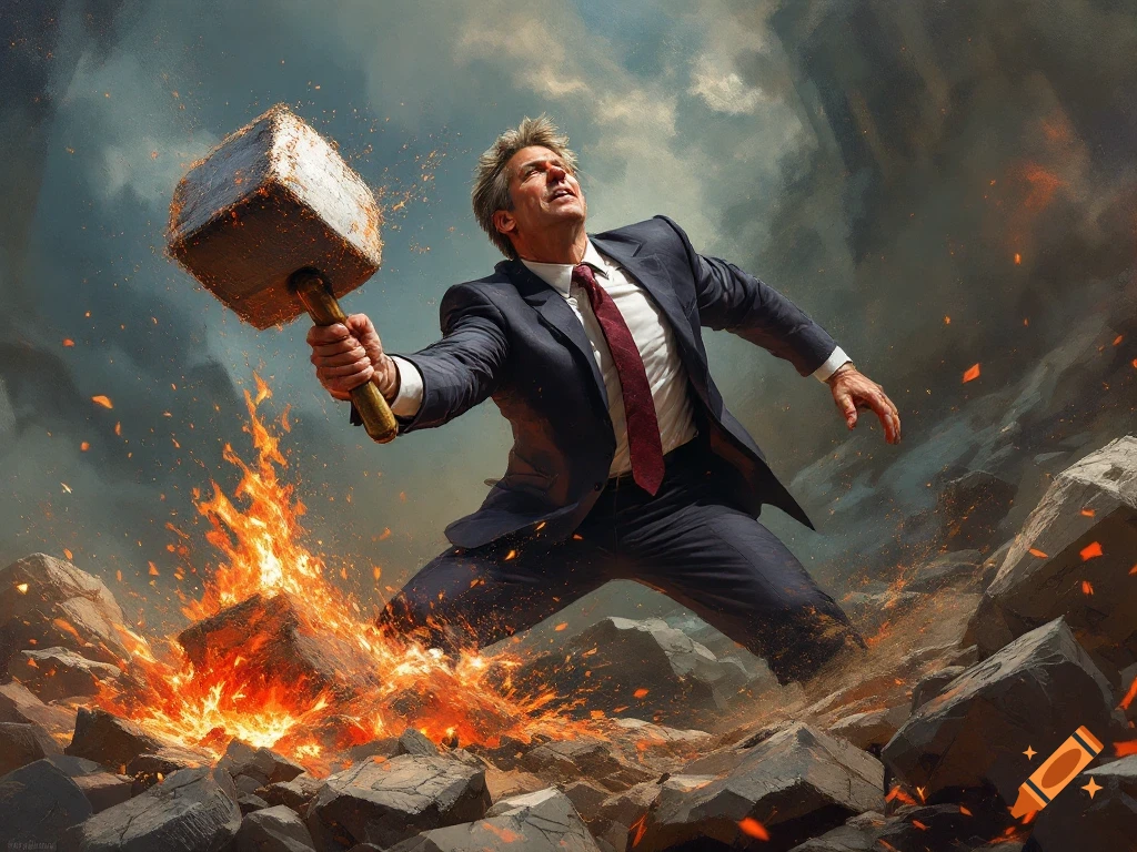 A man in a suit swings a large hammer into fiery rubble. on Craiyon