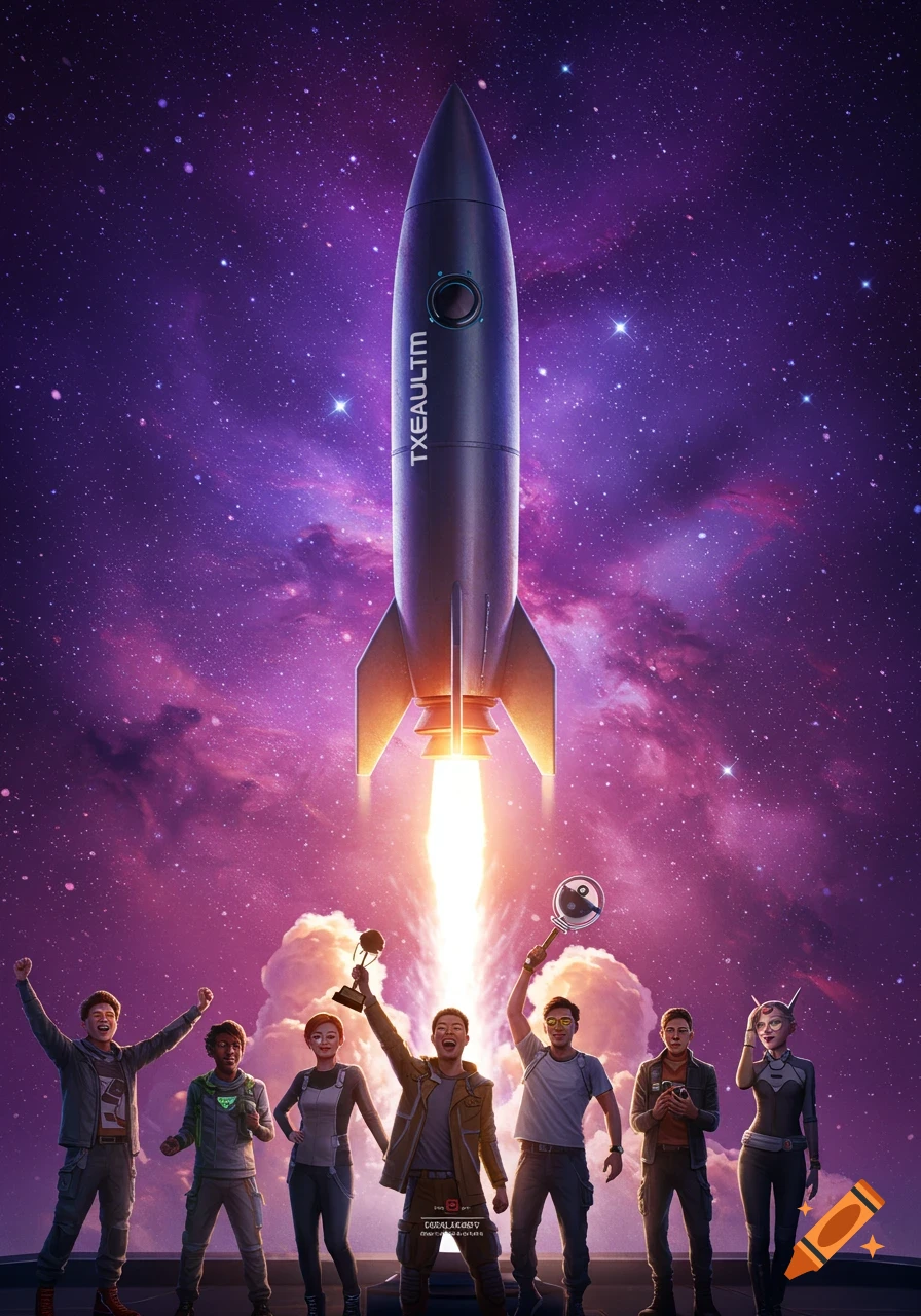 Group of people celebrating a rocket launching into space. on Craiyon