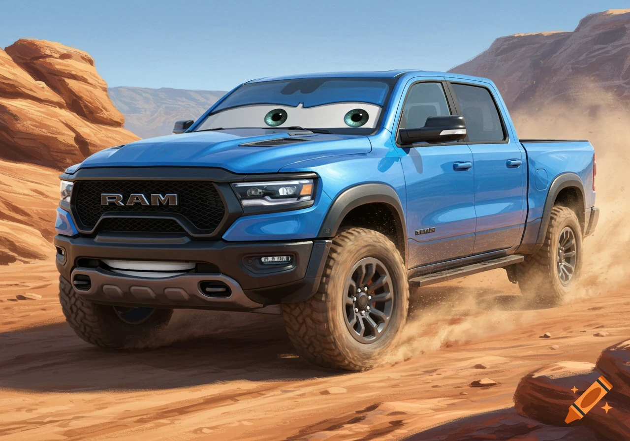A blue Ram truck with cartoon eyes and a mouth drives offroad through a ...