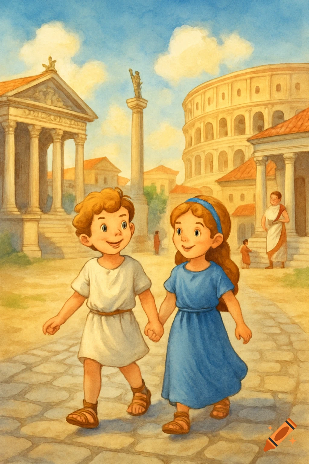 Watercolor illustration of two children holding hands and walking on a ...