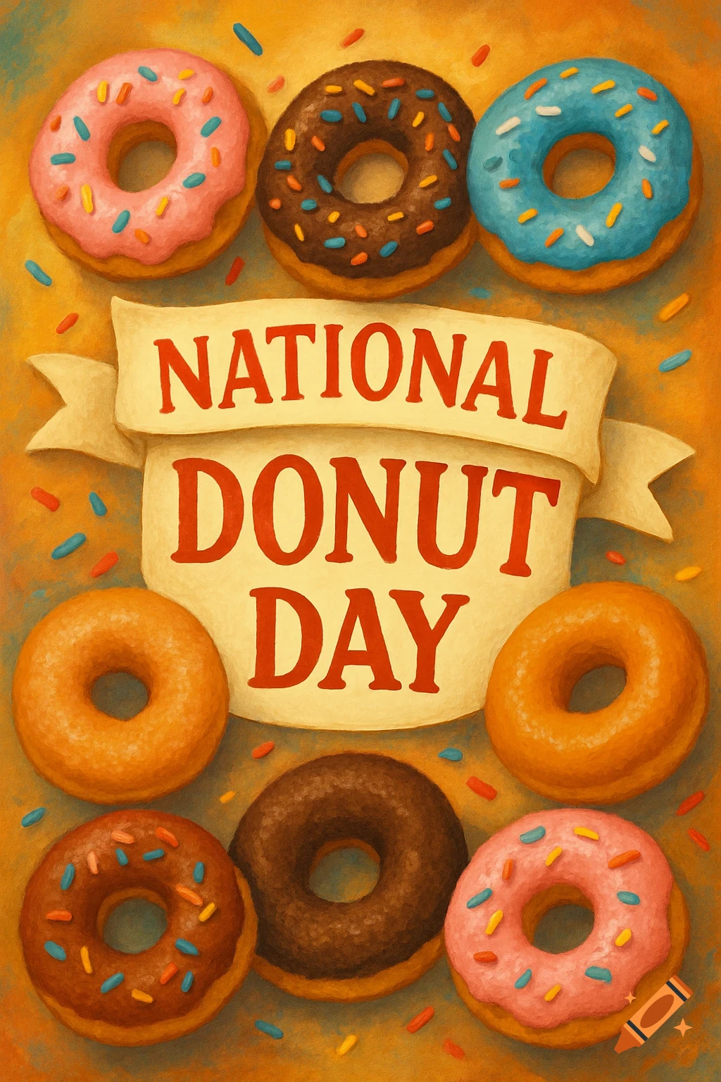 Painterly image of colorful donuts surrounding a banner reading ...
