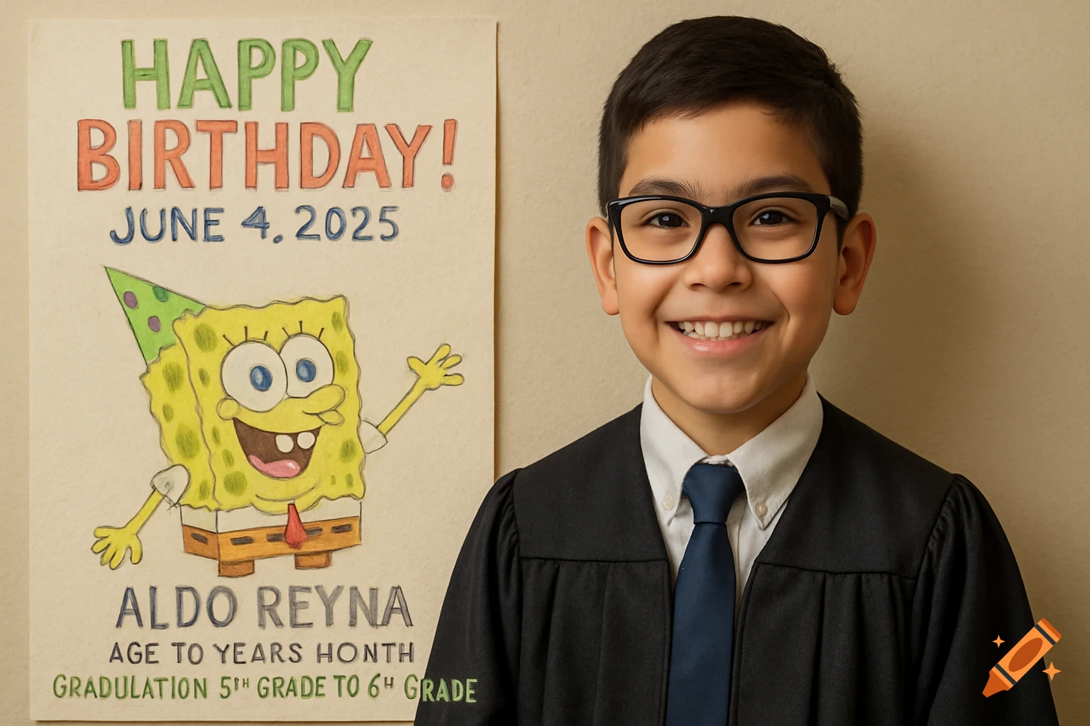 A smiling boy in a graduation gown stands next to a poster with a ...