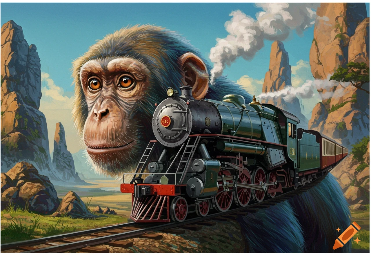 Illustration of a giant monkey head with a train on tracks across its ...