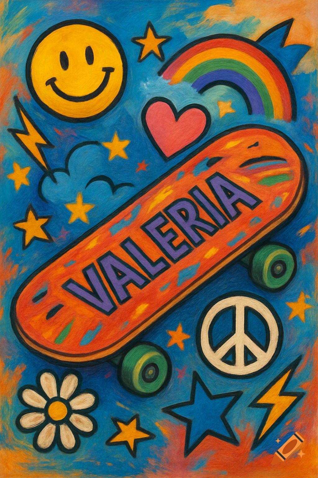 Drawing of a skateboard with VALERIA and pop art symbols: smiley face ...