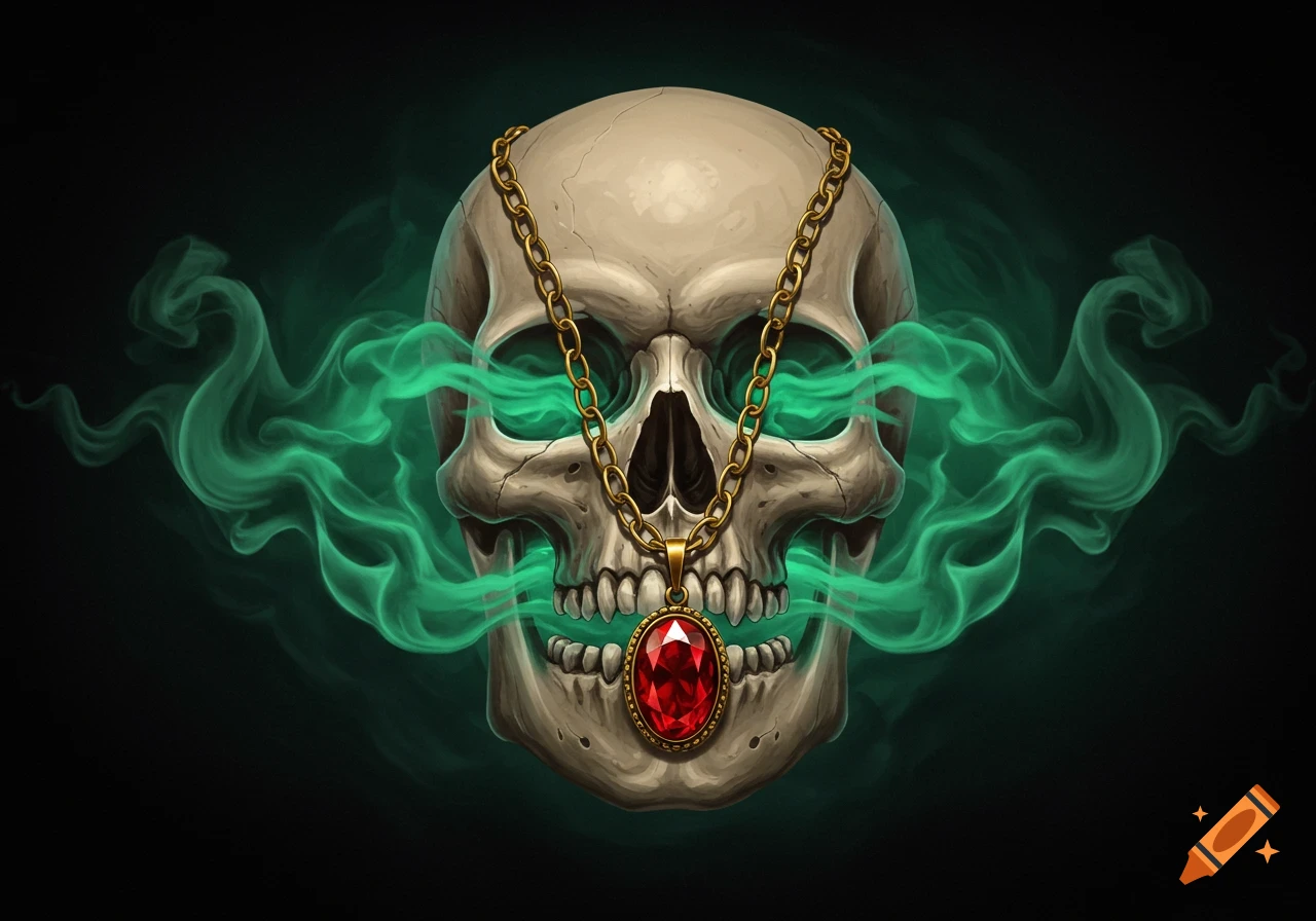 Illustrated skull with green smoke, gold chain, and ruby pendant on Craiyon