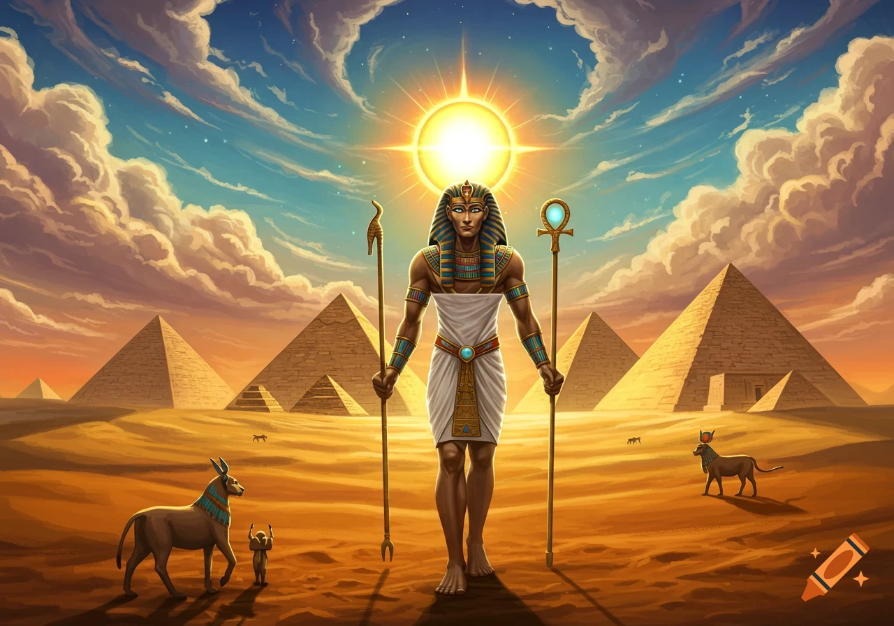 Ancient Egyptian sun god Ra stands before pyramids under a vibrant sky ...
