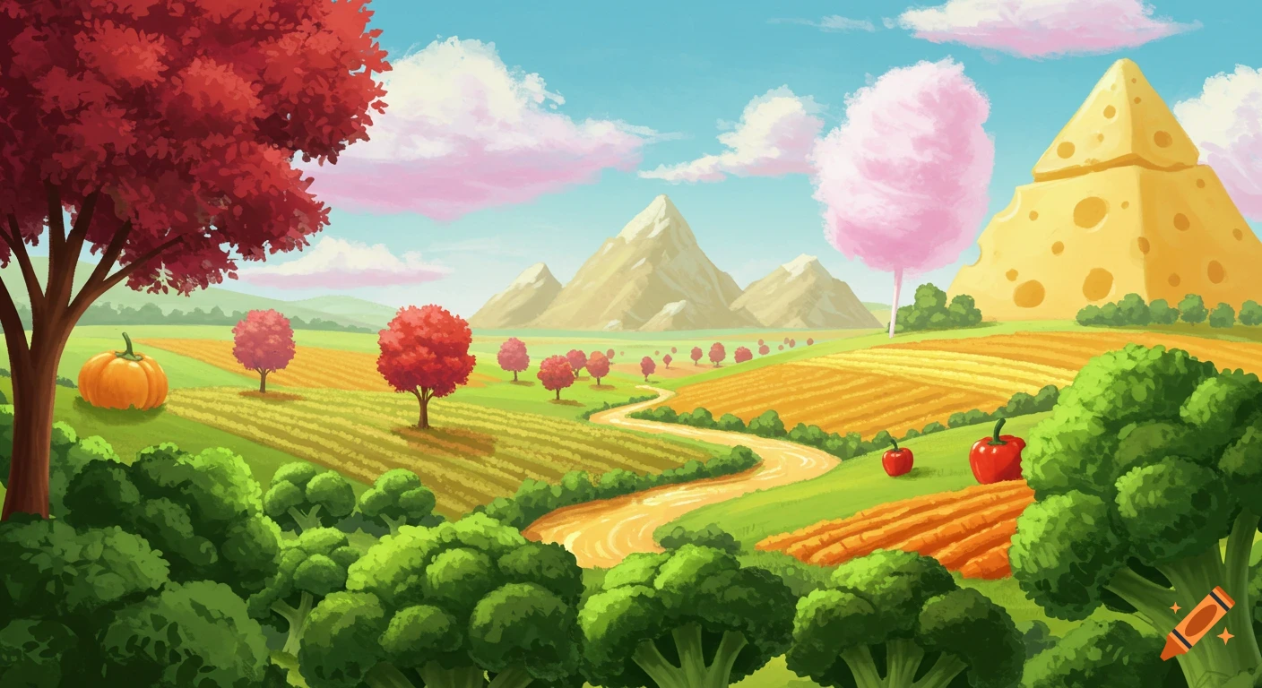 An illustrated landscape where mountains are cheese pyramids, a tree is ...