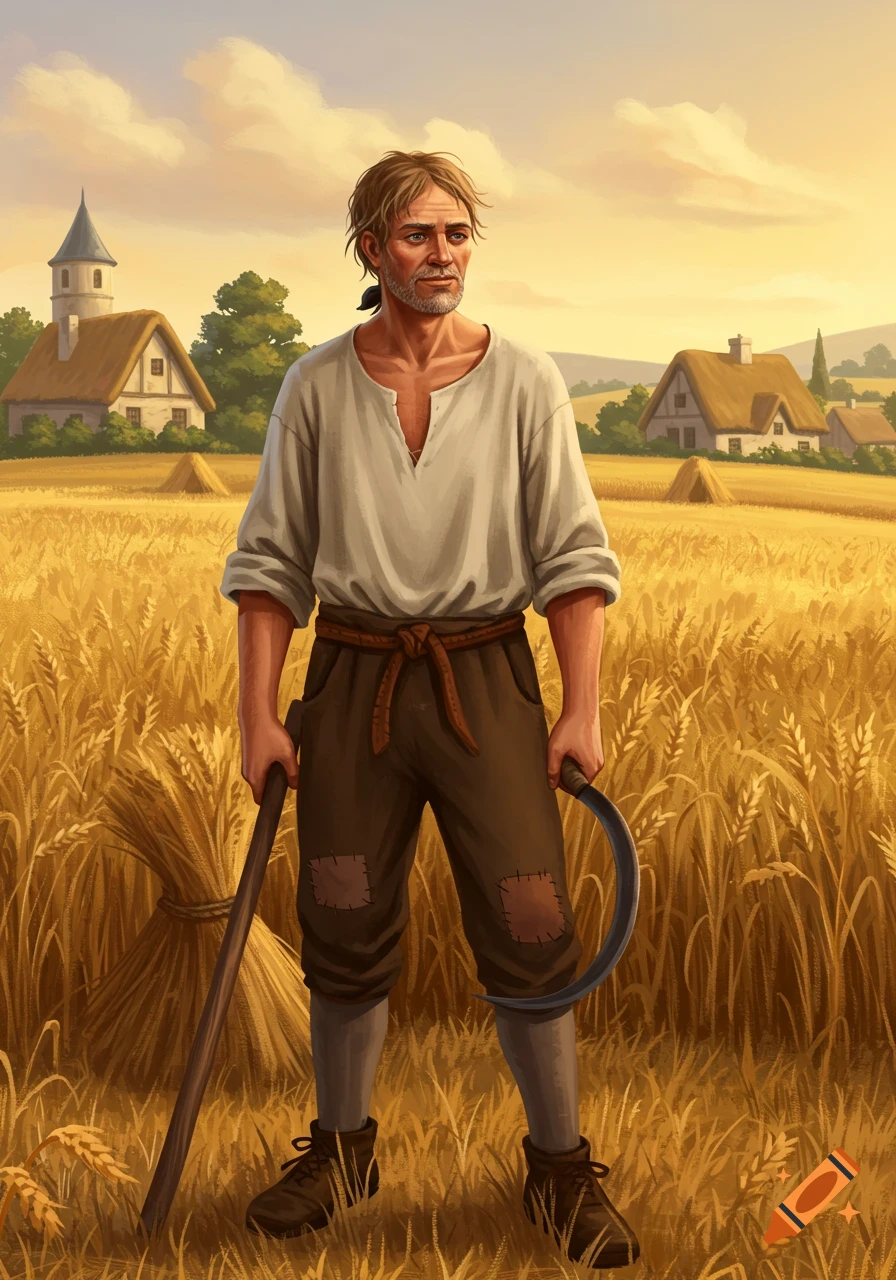 Illustration of a peasant standing in a wheat field with a sickle and ...