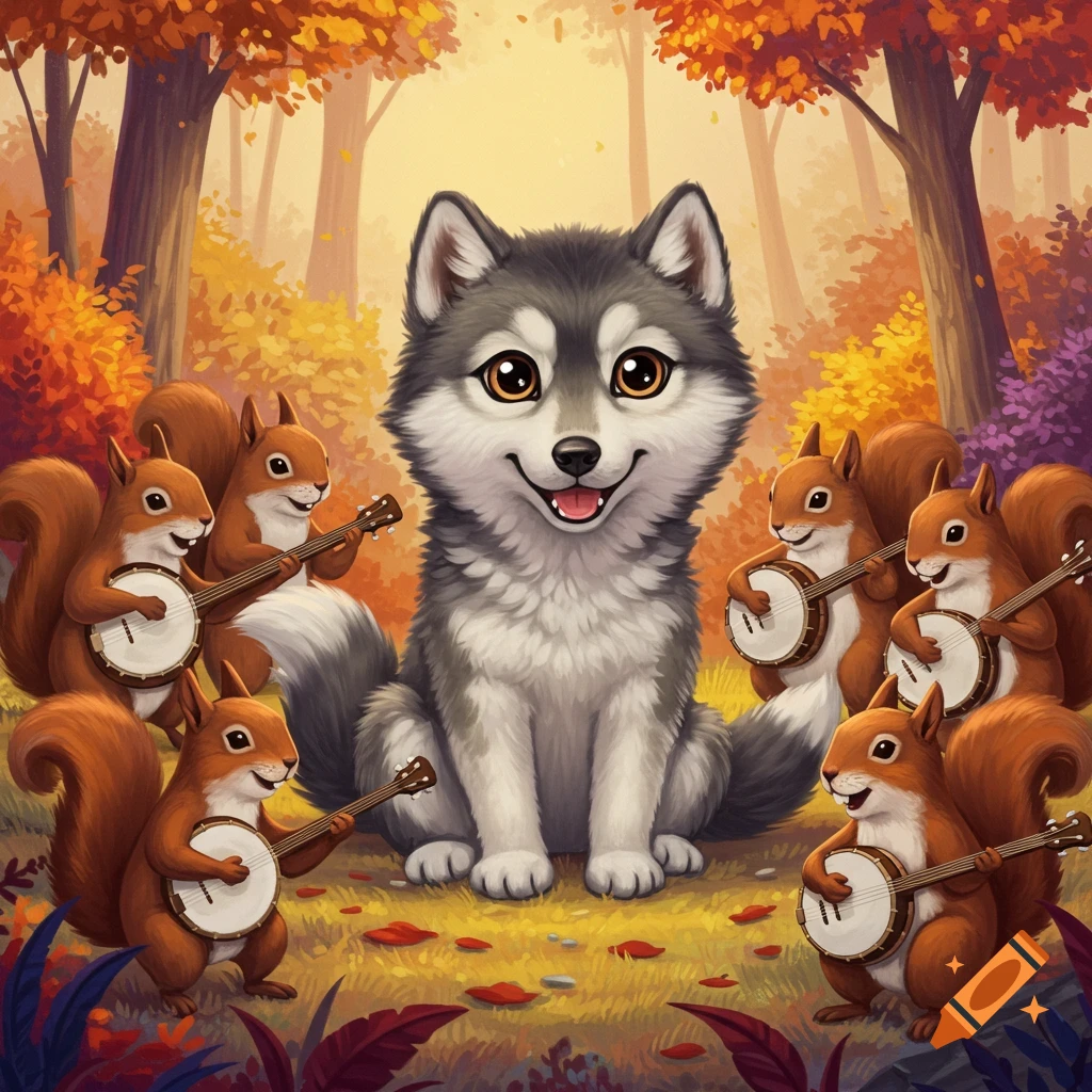A cute cartoon wolf sits in an autumn forest surrounded by squirrels ...