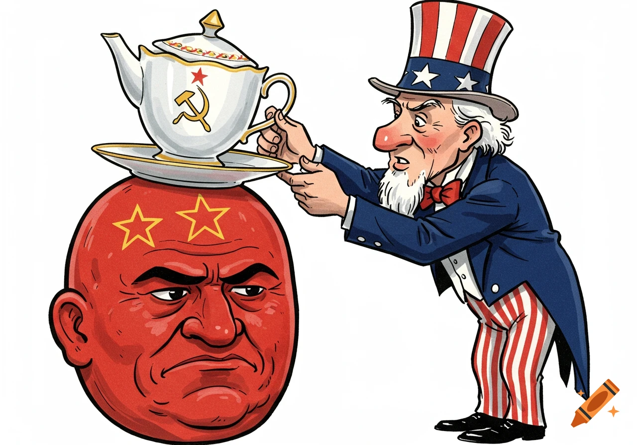 Political cartoon of Uncle Sam putting a teapot with hammer and sickle ...
