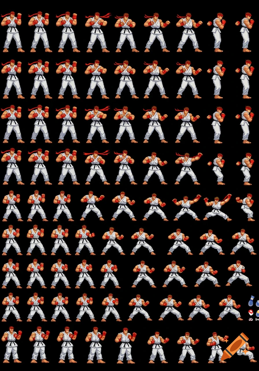 Pixel art sprite sheet of Ryu from Street Fighter in various fighting ...