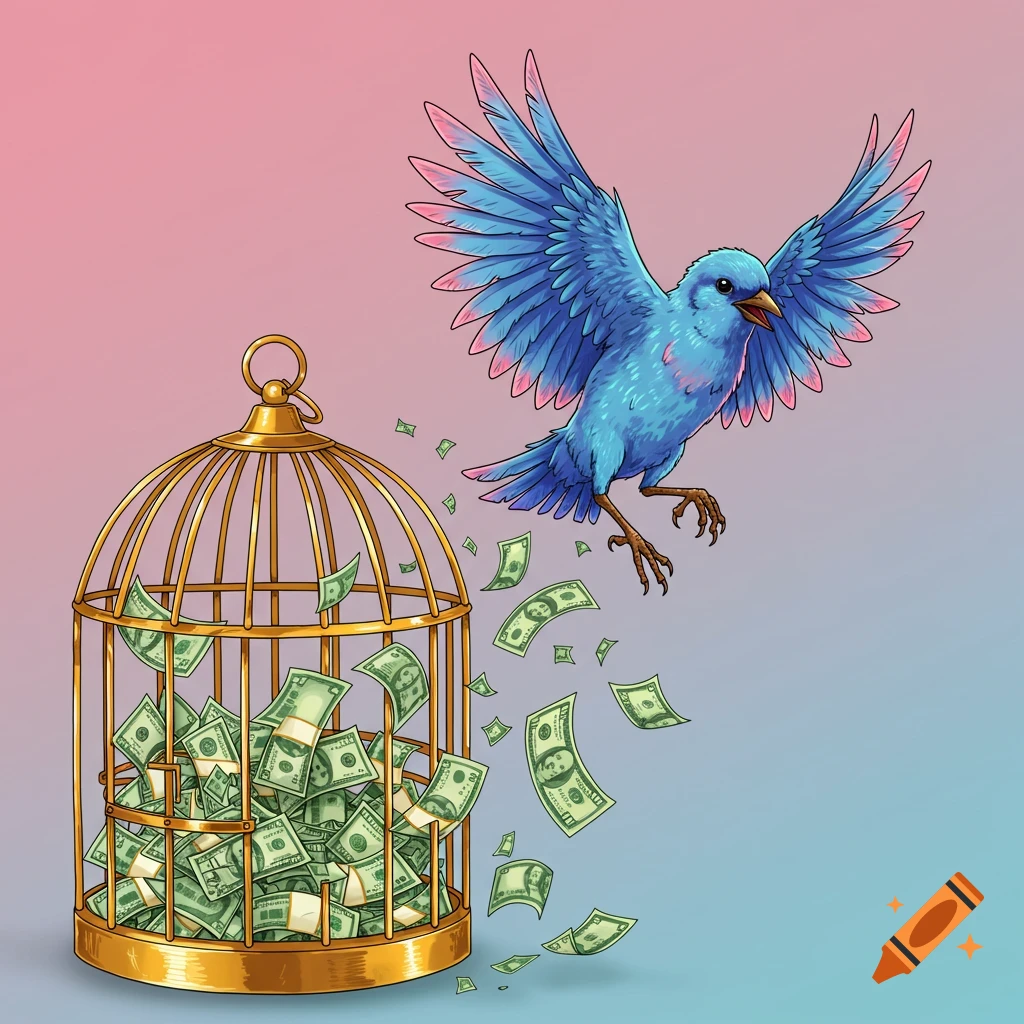 Blue bird flies out of a golden cage filled with money, bills ...