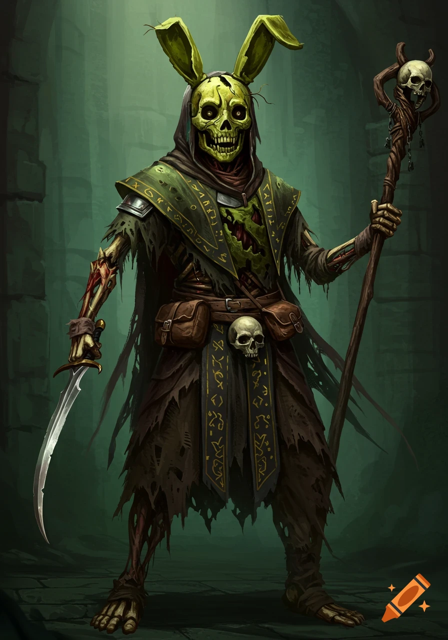 Digital illustration of an undead figure wearing a green rabbit skull ...