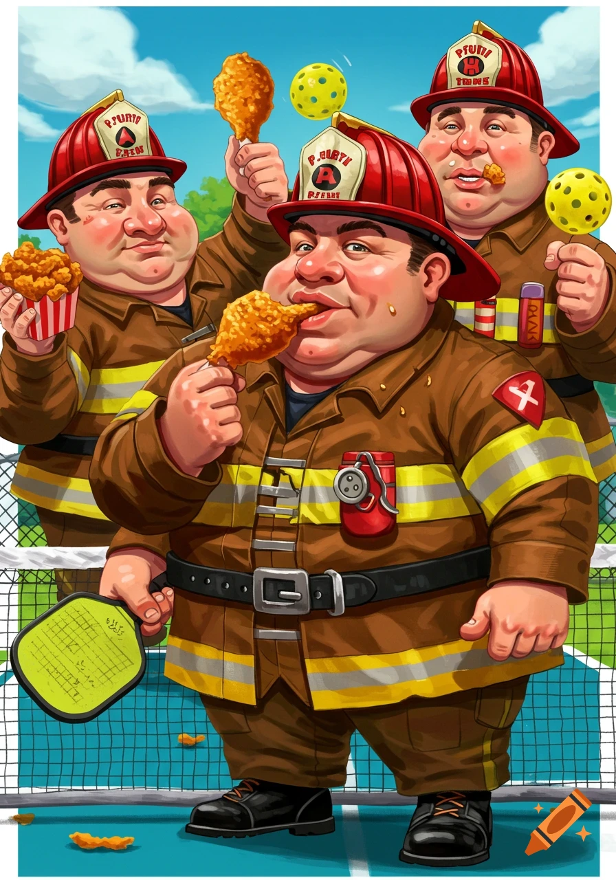 Three chubby firefighters eat fried chicken and hold pickleball ...