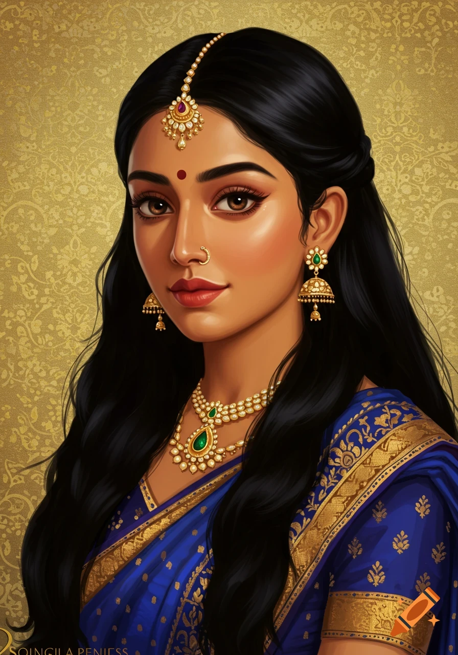 Portrait of a beautiful Indian woman in traditional blue and gold sari ...