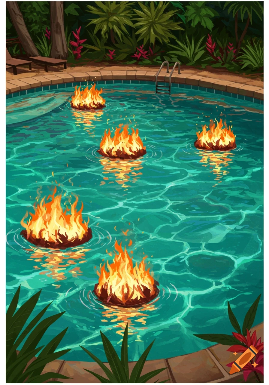 Illustration of fires floating on a swimming pool surface surrounded by ...